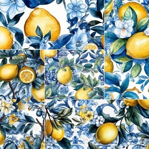 Blue Tile and Lemons Digital Scrapbook Paper and Clip Art, Portuguese ...