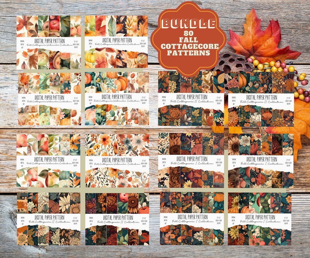 Fall Cottagecore BUNDLE Digital Paper Set, 80 Fall Forestcore Botanical ...