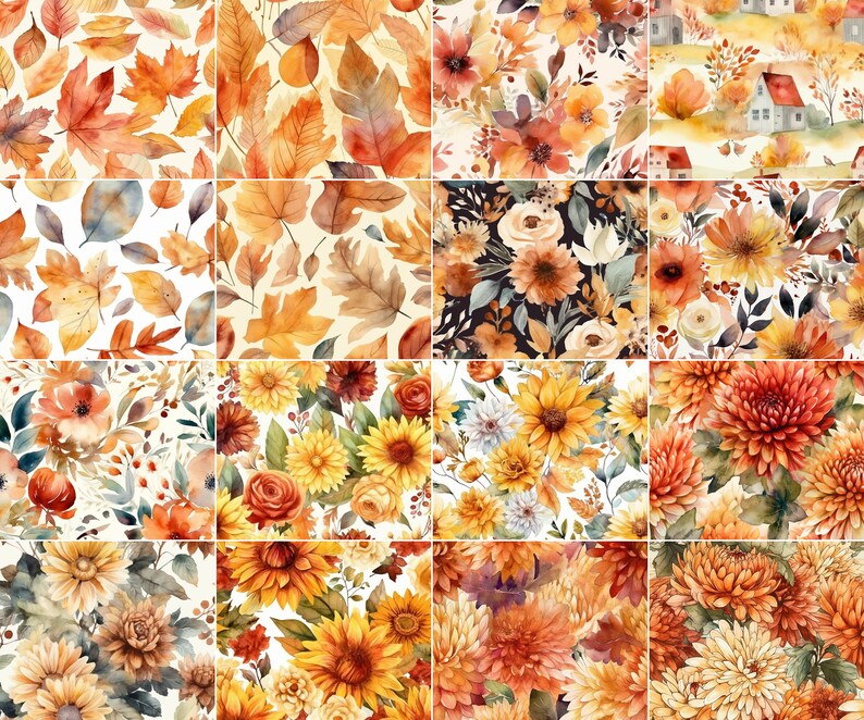 32 Fall Watercolor Digital Paper Set Fall Flowers Pattern - Etsy
