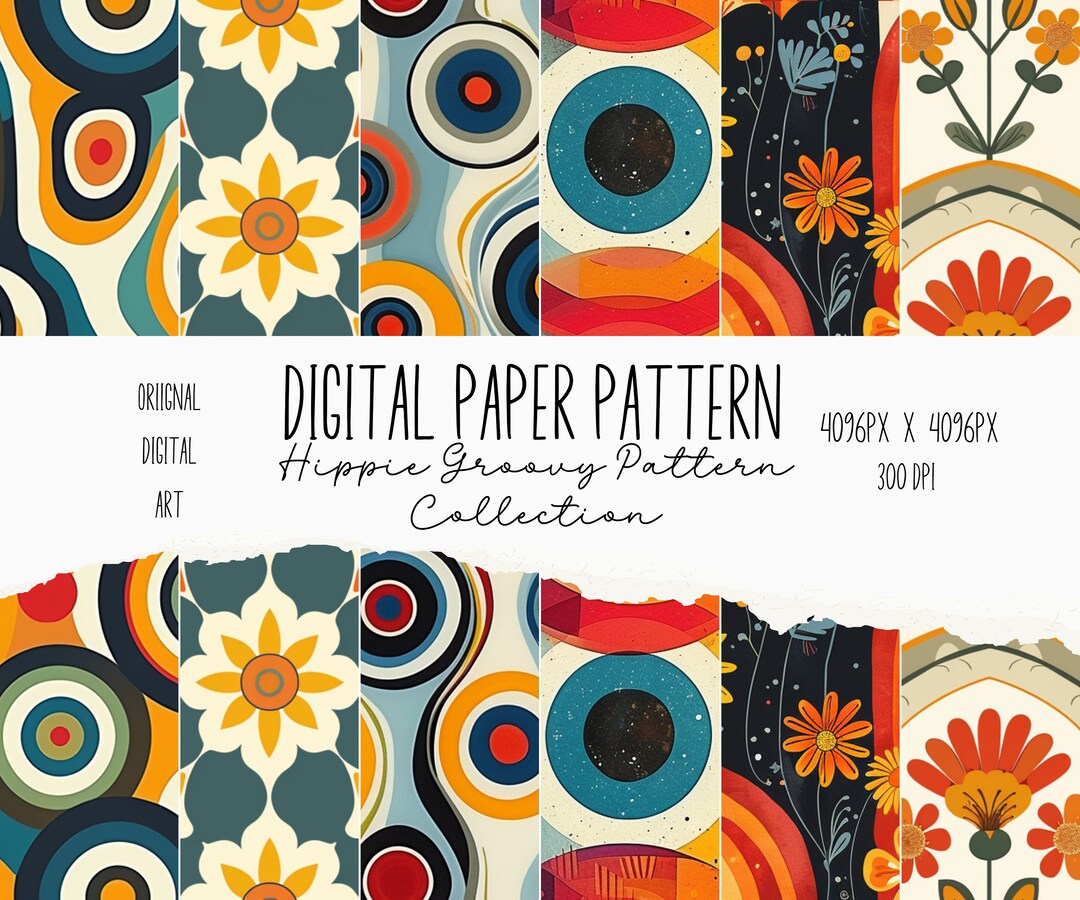 Retro Groovy Pattern Digital Paper Set, Retro 70s Hippie Pattern, 70s ...