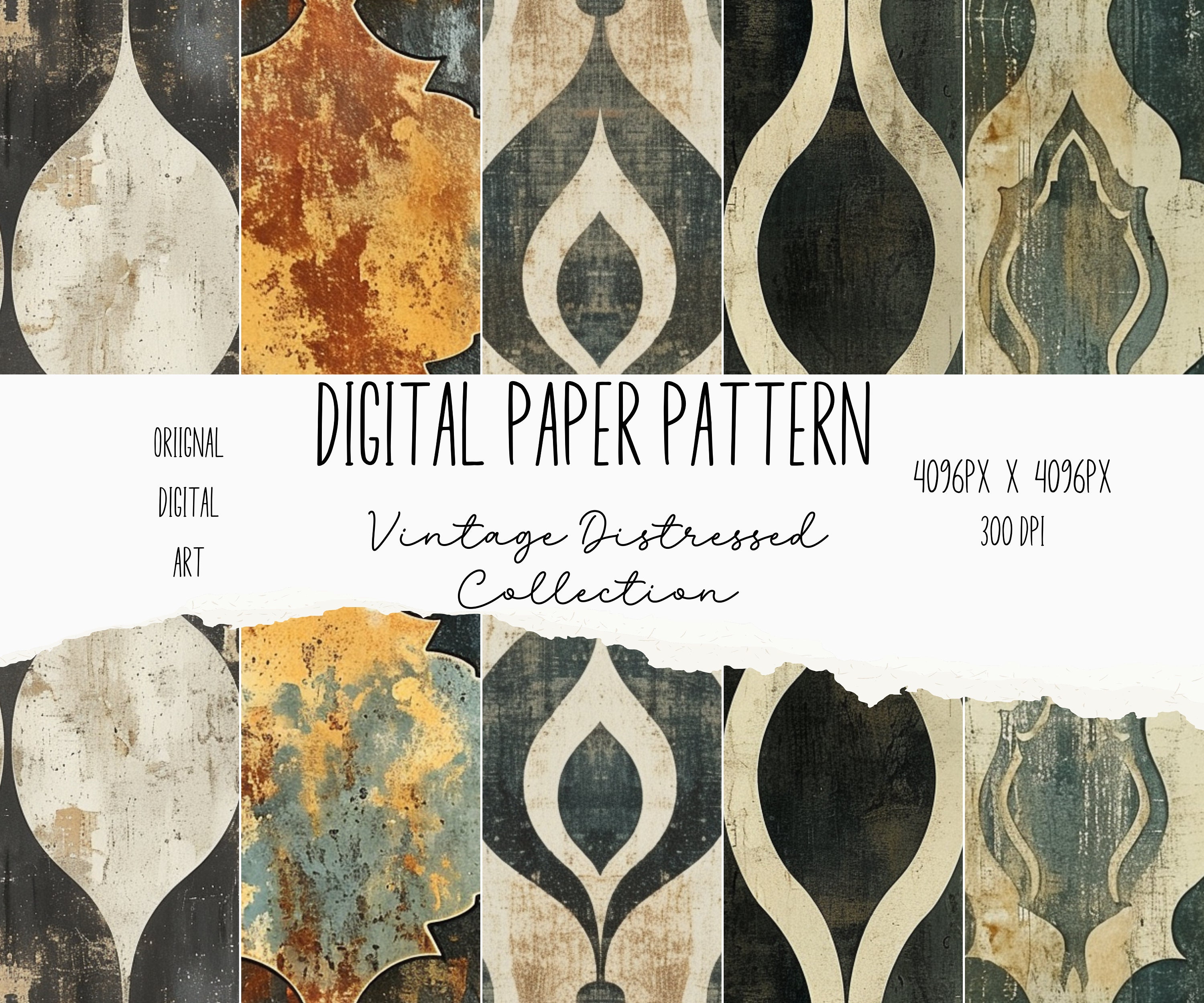 Vintage Distressed Digital Paper Set, Retro Pattern, Decoupage Papers ...