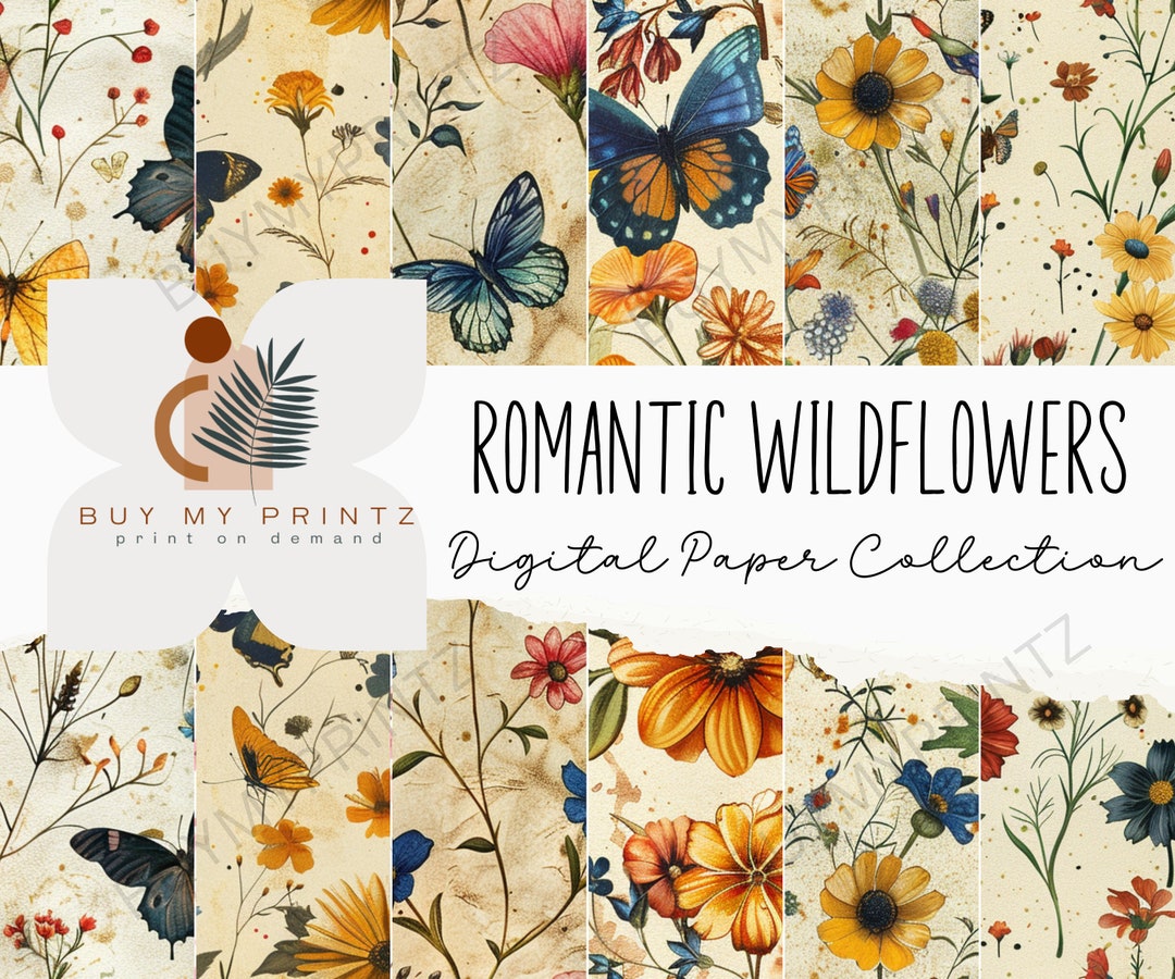 24 Romantic Wildflowers Printable Paper, Seamless Shabby Chic Digital ...