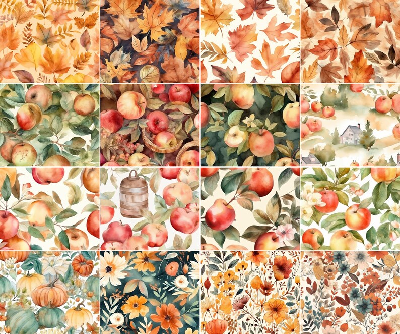32 Fall Cottagecore Watercolor Digital Paper Set, Flowers Pattern ...