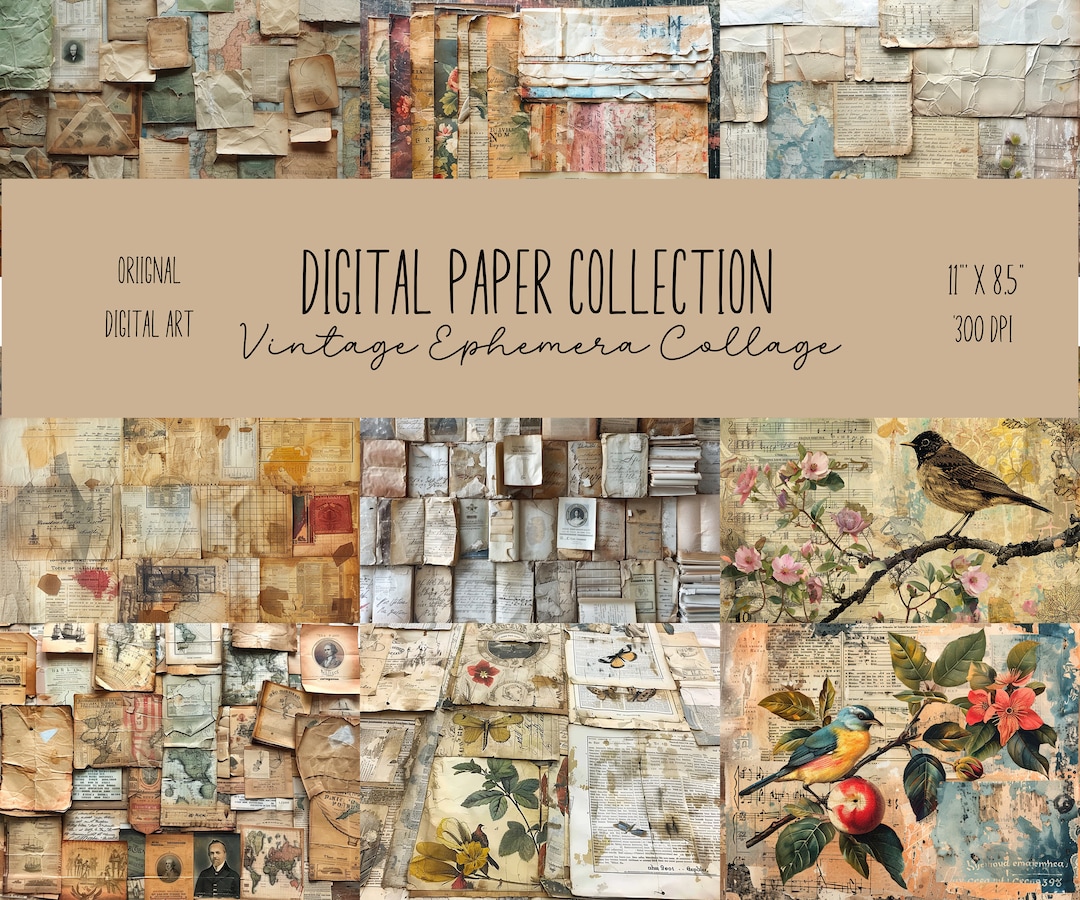 Vintage Ephemera Digital Paper Antique Collage Scrapbook Paper Aged ...