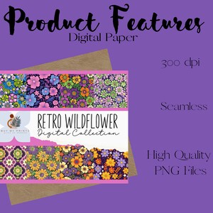 Retro 70s Wildflowers II Digital Paper Set, Retro Flowers Pattern ...
