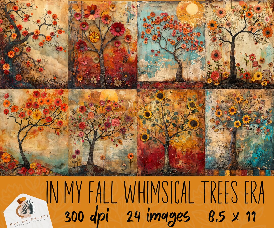 In My Fall Whimsical Trees Era Sheets, 24 Mixed Media Watercolor Forest ...