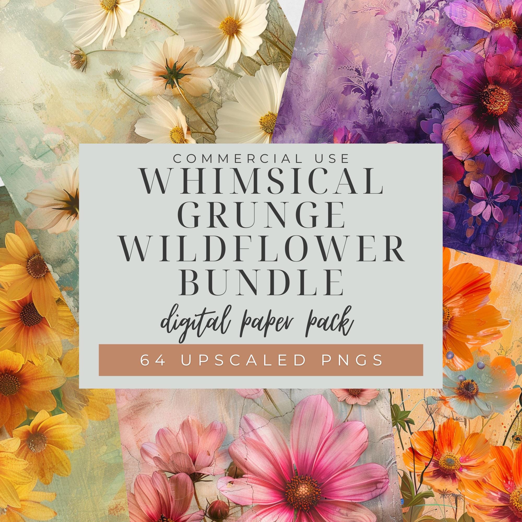 Whimsical Grunge Wildflower Digital Paper Bundle Watercolor Floral ...