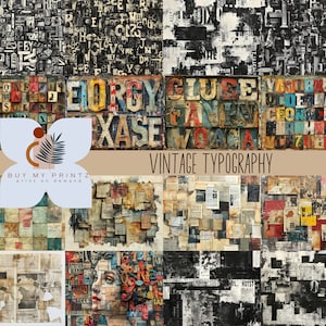 Vintage Typography Collage Papers, 10 Grunge Style PNG Printable, CU ...