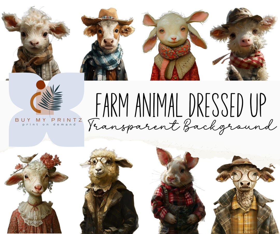 Whimsical Farm Animal Dressed Up, 32 PNG Transparent Background Prints ...