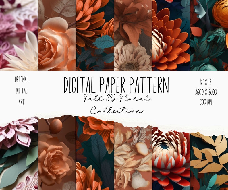 3D Autumn Flowers Digital Paper, 3D Floral Seamless Patterns, Scrapbook ...
