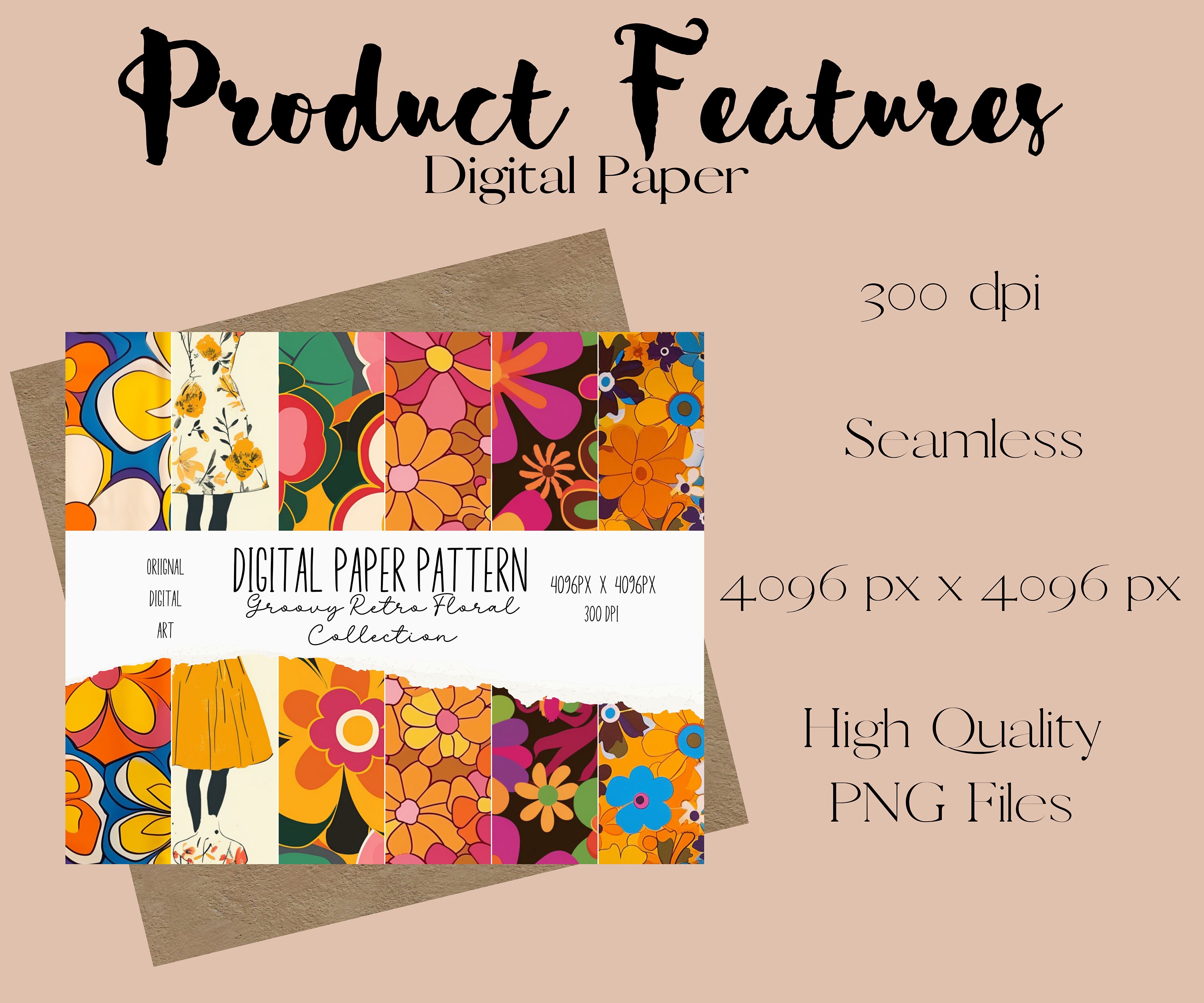 Retro Floral Digital Paper Set, Retro 70s Wildflowers Pattern, 70s ...
