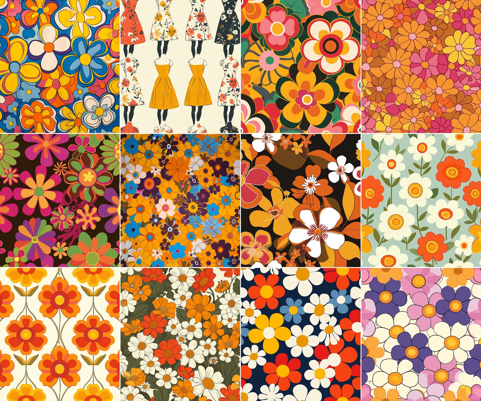 Retro Floral Digital Paper Set, Retro 70s Wildflowers Pattern, 70s ...