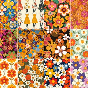 Retro Floral Digital Paper Set, Retro 70s Wildflowers Pattern, 70s ...