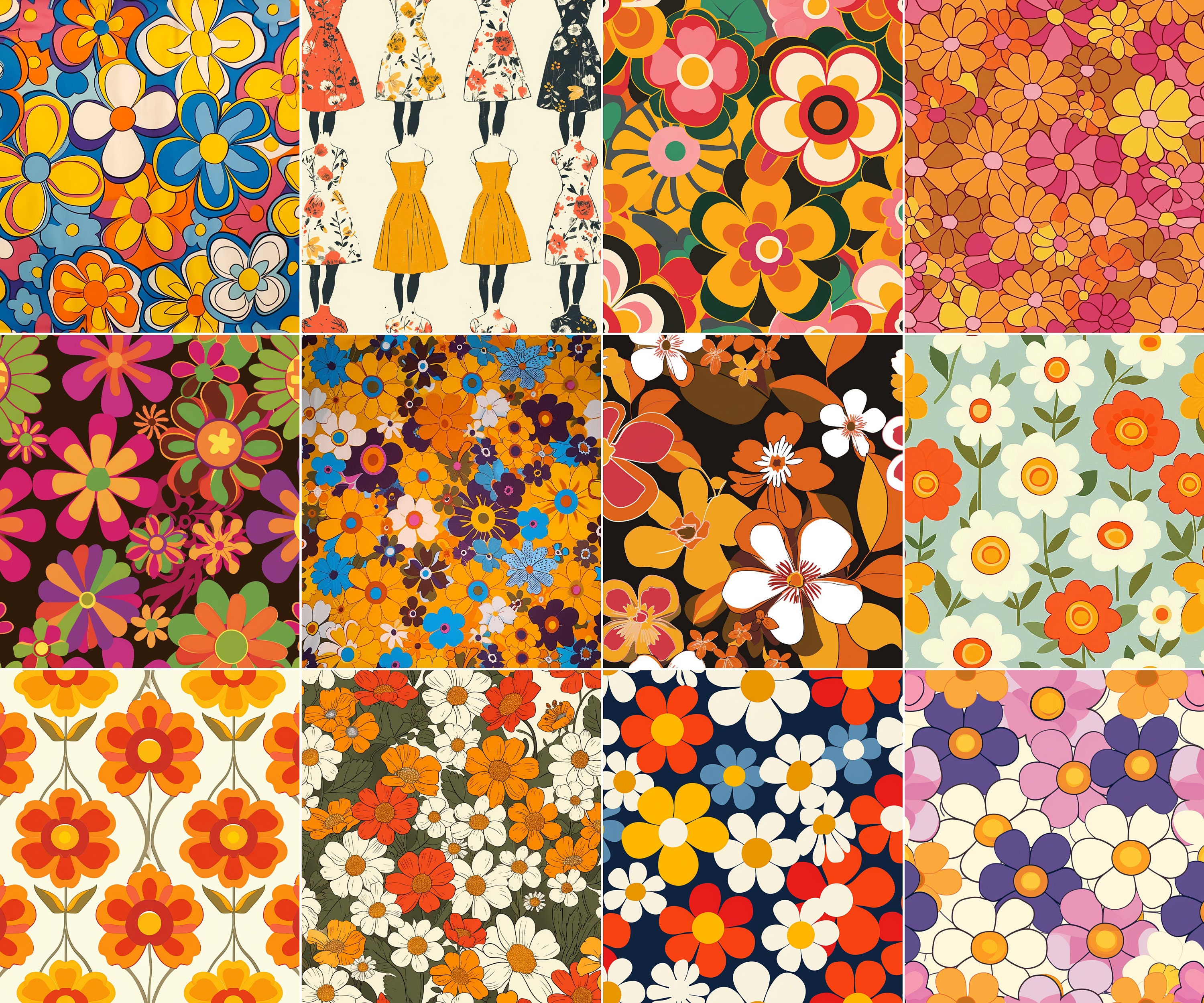 Retro Floral Digital Paper Set, Retro 70s Wildflowers Pattern, 70s ...