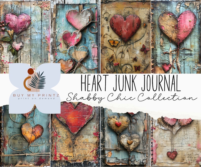 Rustic Shabby Chic Hearts Junk Journal Pages, Vintage Romantic Digital ...