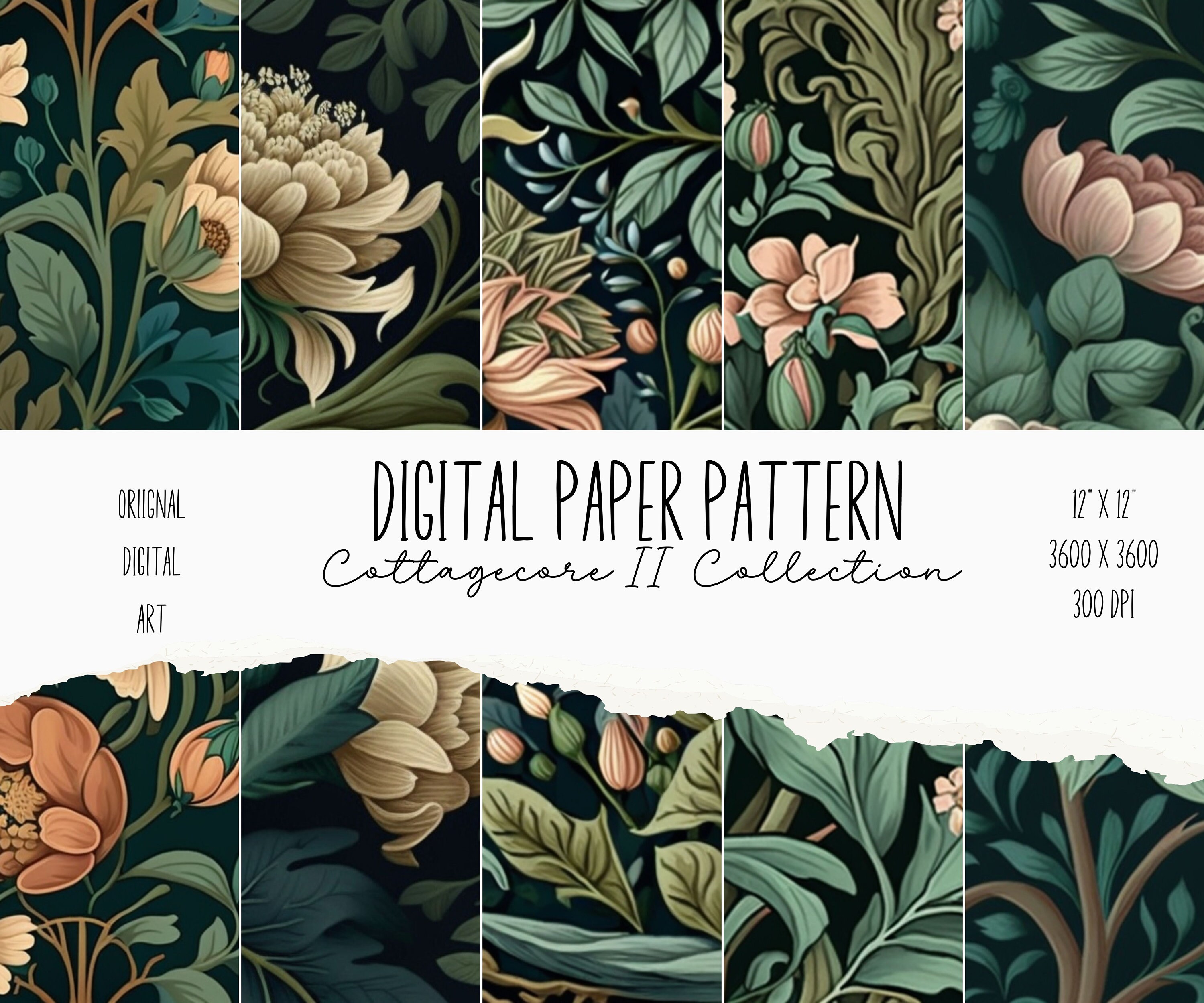 Cottagecore 2 Digital Paper Set, Forestcore Pattern, Botanical Floral ...