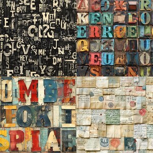 Vintage Typography Collage Papers, 10 Grunge Style PNG Printable, CU ...