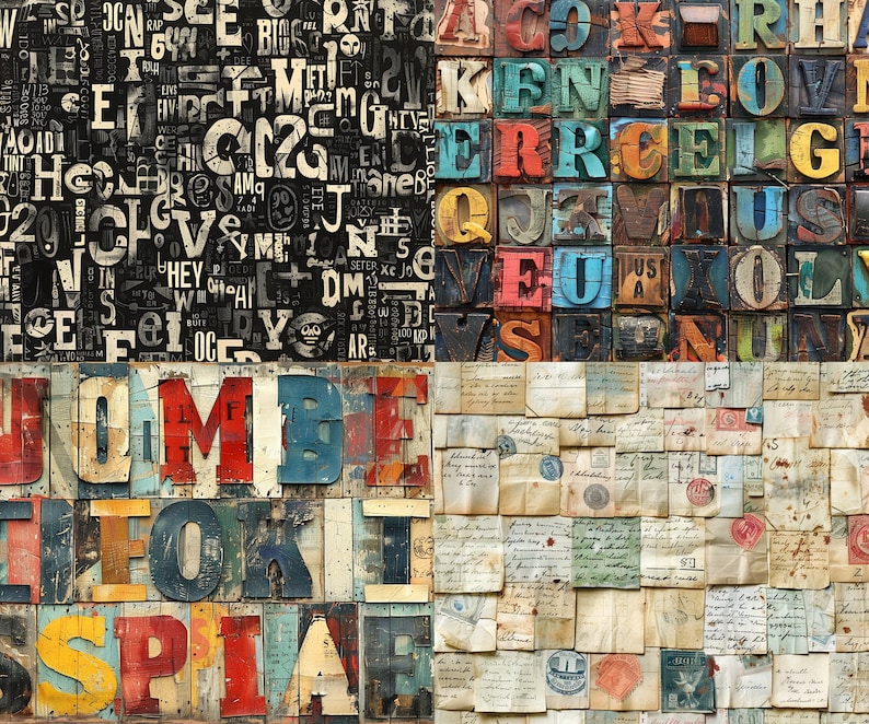 Vintage Typography Collage Papers, 10 Grunge Style PNG Printable, CU ...