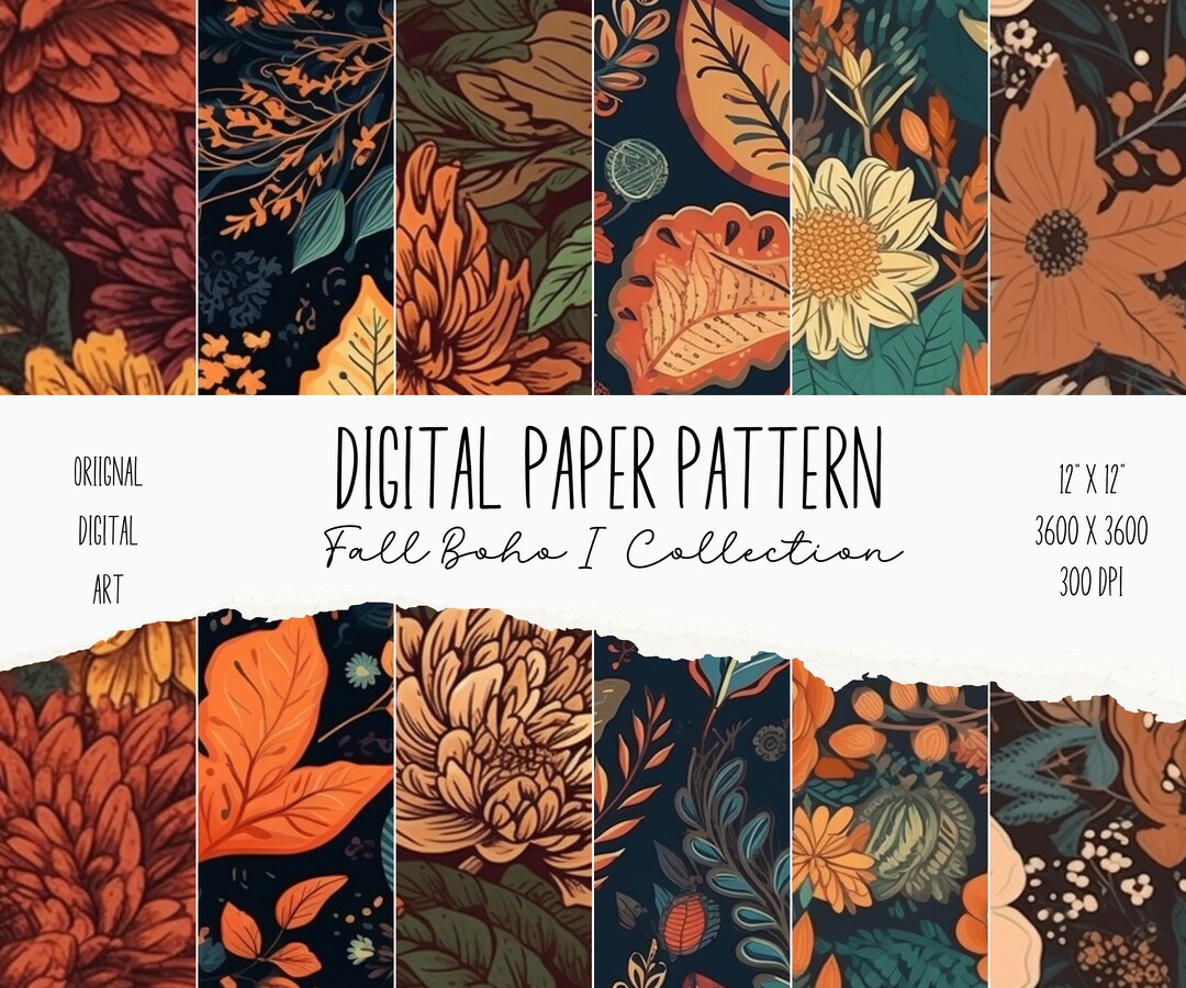 24 Fall Boho Digital Paper Set, Fall Flowers Pattern, Autumn Prints ...