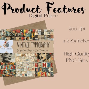 Vintage Typography Collage Papers, 10 Grunge Style PNG Printable, CU ...