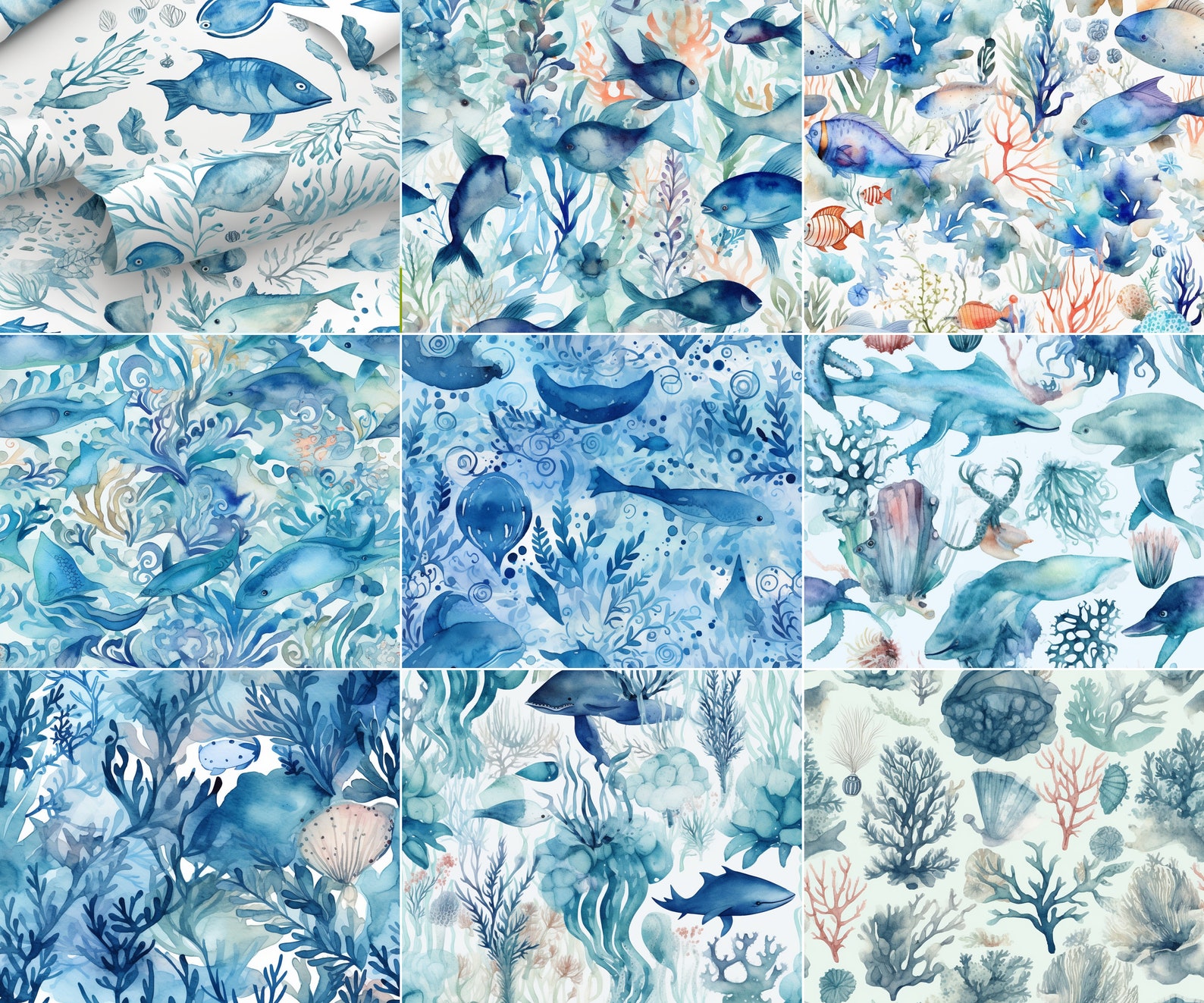 Oceancore Floral Pattern Digital Paper Set, Ocean Pattern, Ocean ...
