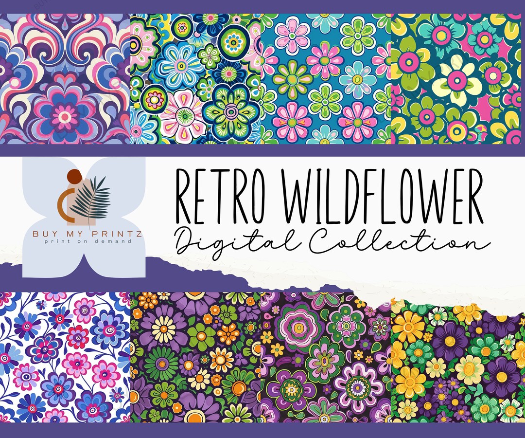 Retro 70s Wildflowers II Digital Paper Set, Retro Flowers Pattern ...