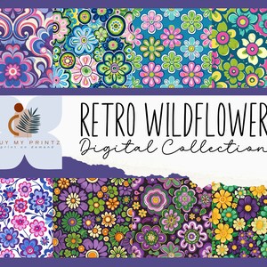 Retro 70s Wildflowers II Digital Paper Set, Retro Flowers Pattern ...