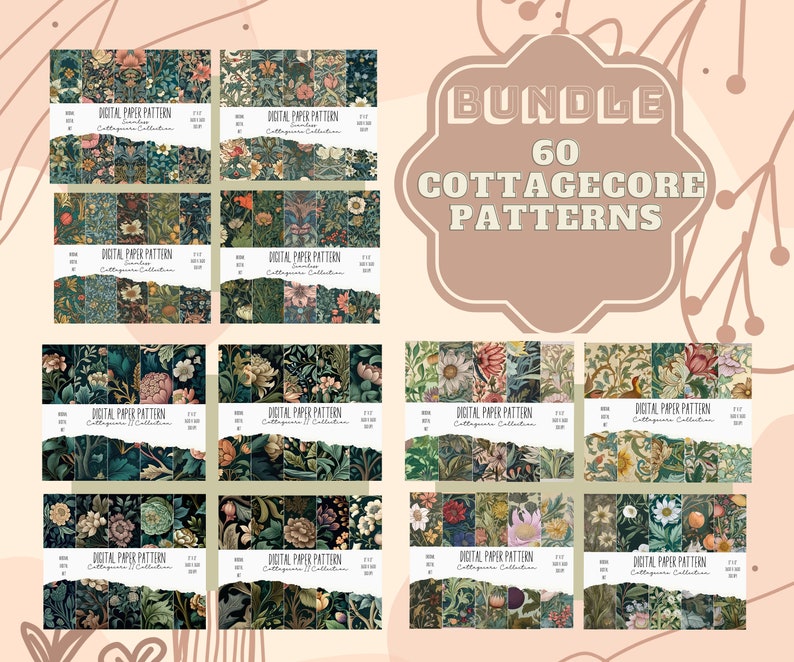 Cottagecore BUNDLE Digital Paper Set, 60 Forestcore Botanical Floral ...