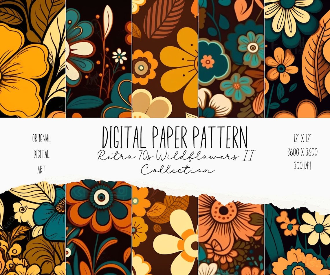 Retro 70s Wildflowers II Digital Paper Set Retro Flowers - Etsy