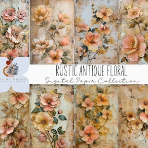 Rustic Antique Floral Junk Journal Background Papers, Whimsical Digital ...