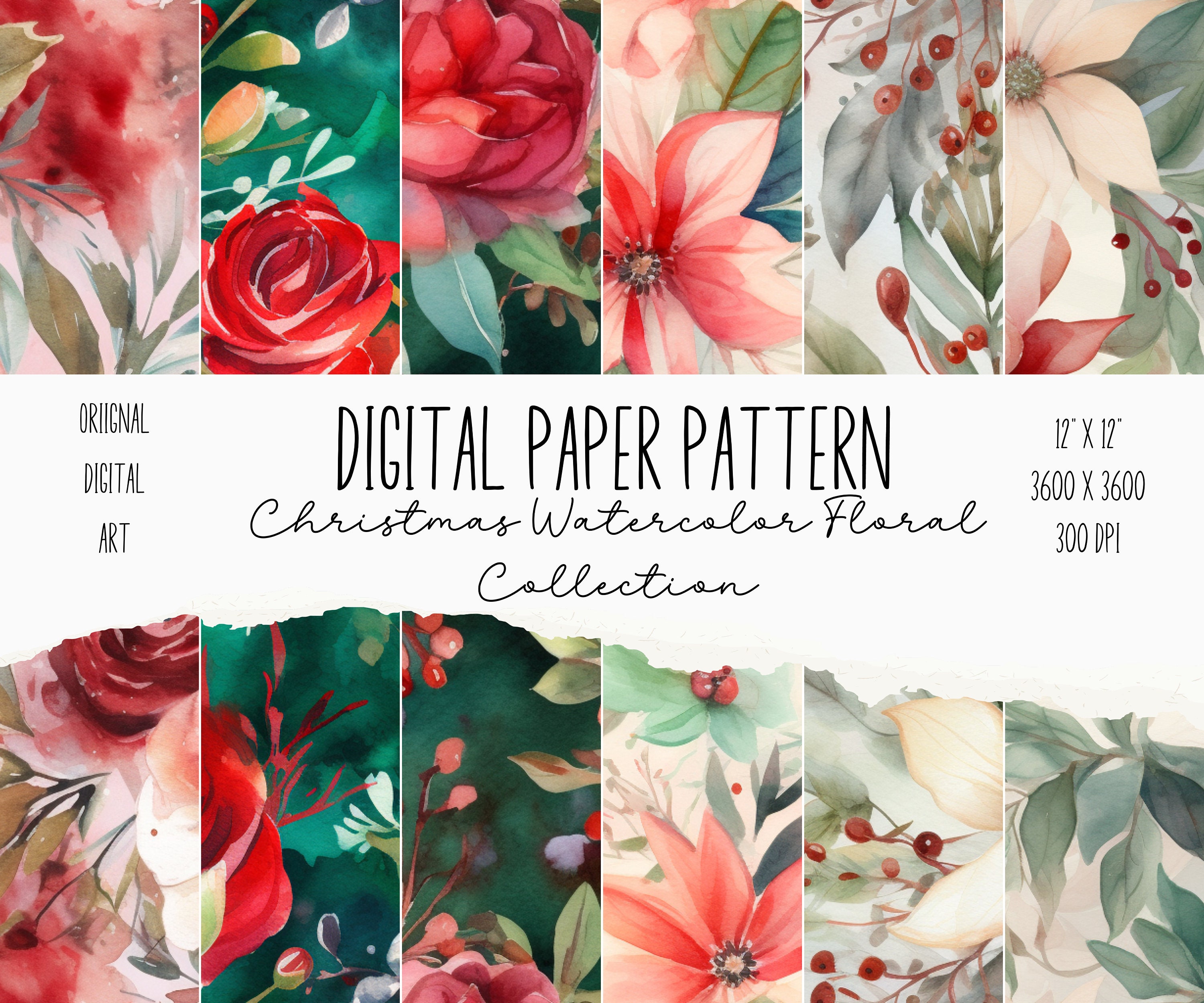 Christmas Watercolor Floral Digital Paper, Watercolor Xmas Pattern ...