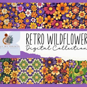Retro 70s Wildflowers II Digital Paper Set, Retro Flowers Pattern ...