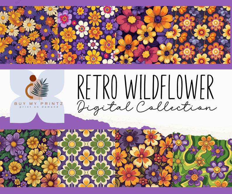 Retro 70s Wildflowers II Digital Paper Set, Retro Flowers Pattern ...