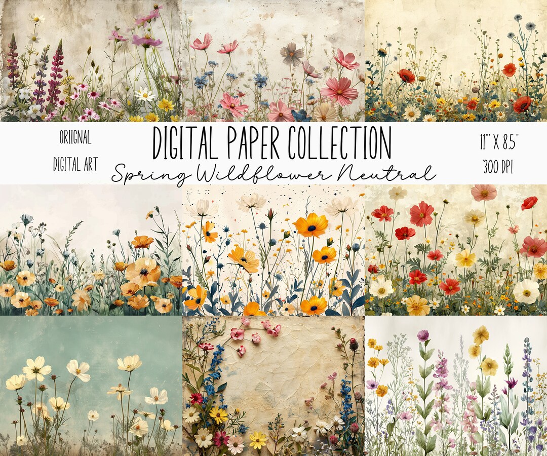 Spring Wildflower Neutral Digital Papers, 24 Spring Textured ...
