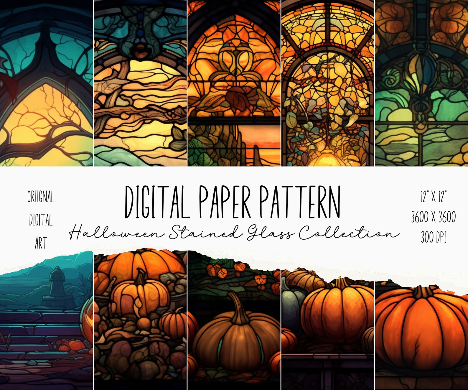 Halloween Stained Glass Digital Paper Set, Stained Glass Halloween ...