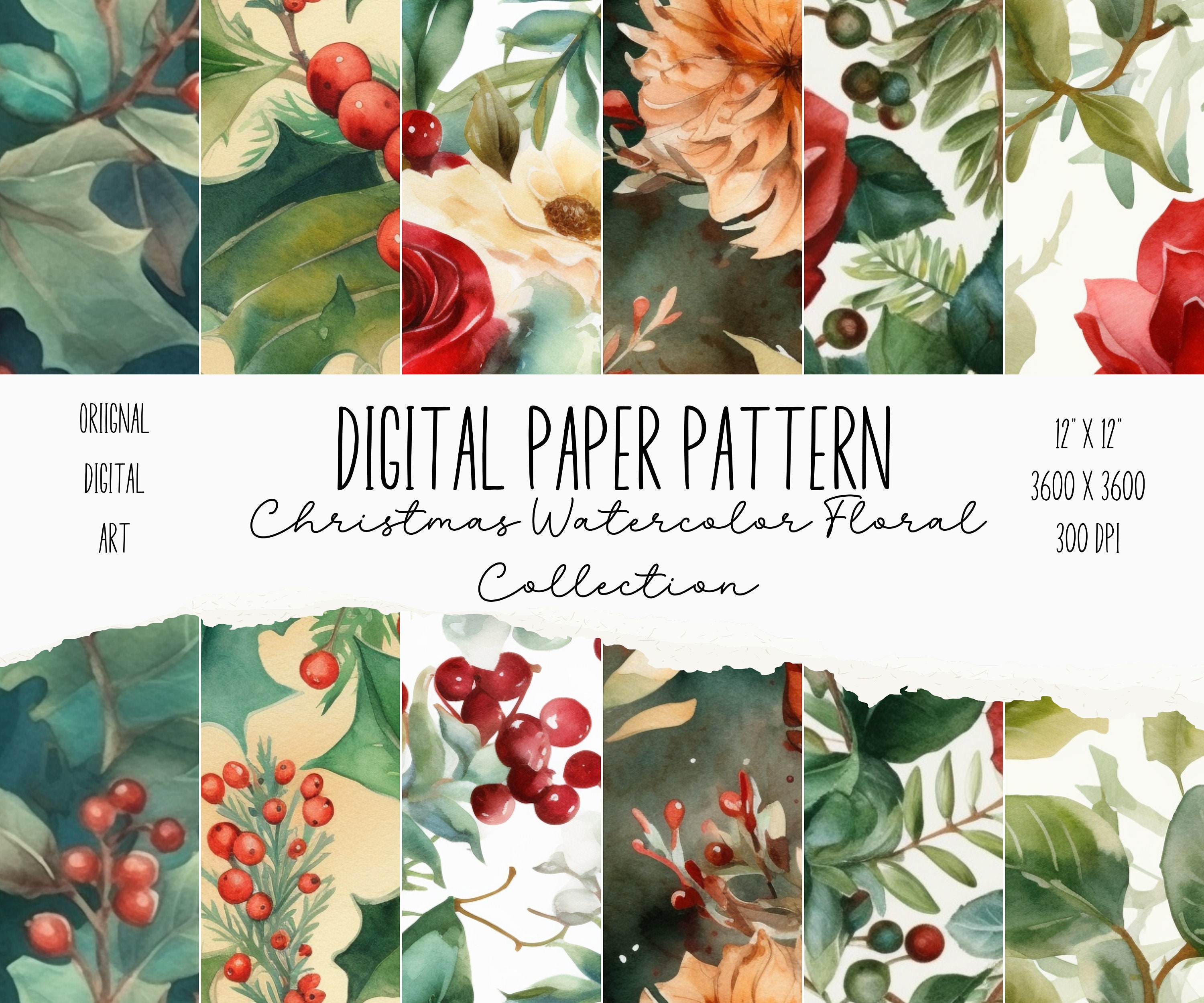 Christmas Watercolor Floral Digital Paper, Watercolor Xmas Pattern ...