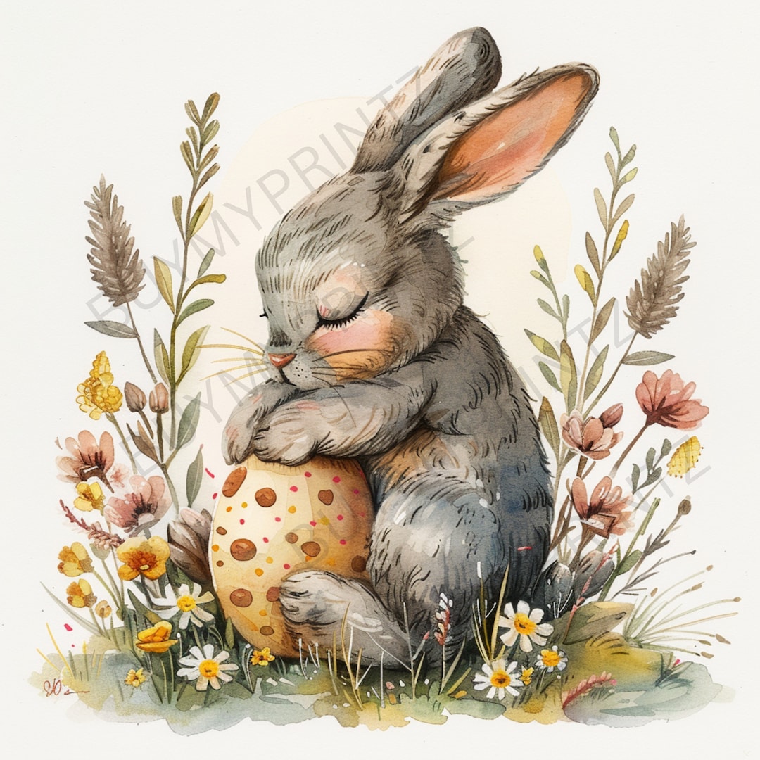 Cute Bunny Holding Egg Clipart, Printable Watercolor, 12 High Quality ...
