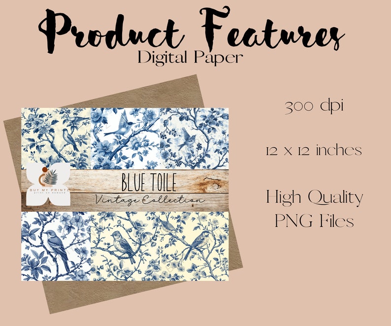 Navy Blue Toile, 12 Digital Paper Pack, French Blue Toile Floral Papers ...