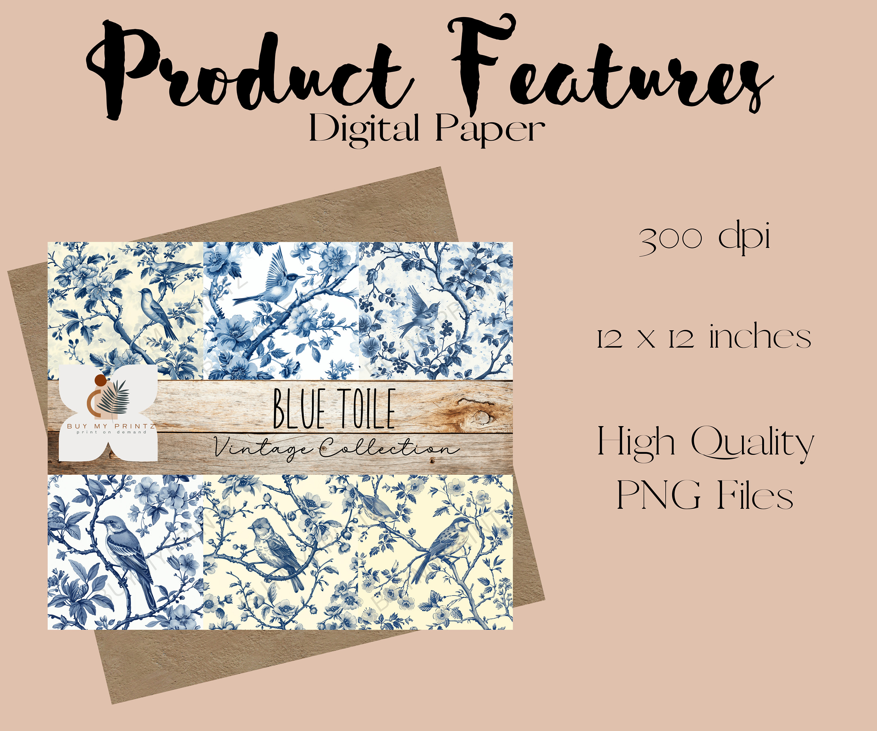 Navy Blue Toile, 12 Digital Paper Pack, French Blue Toile Floral Papers ...