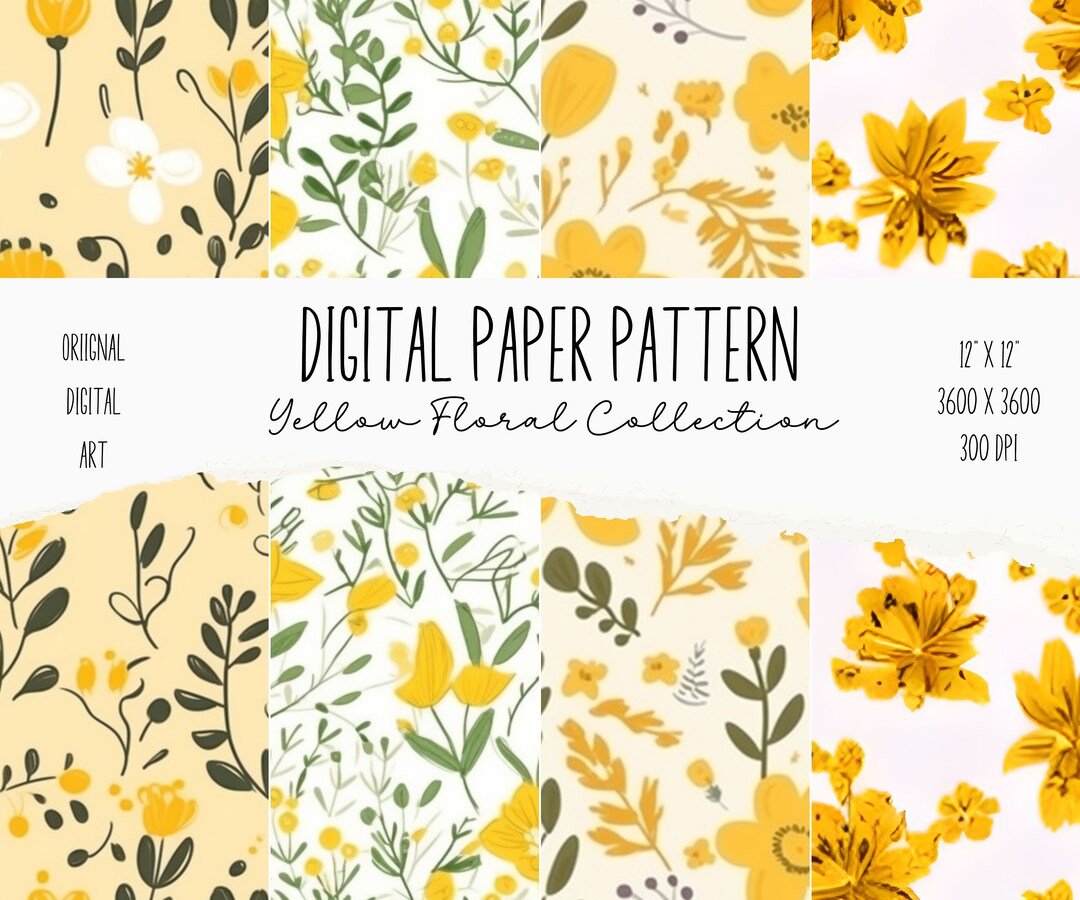 Yellow Floral Digital Paper Set, Yellow Floral Pattern, Yellow Floral ...