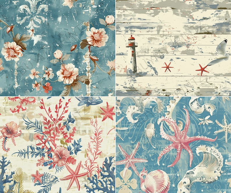 24 Shabby Chic Coastal Watercolor Digital Paper Seamless Shabby Chic ...