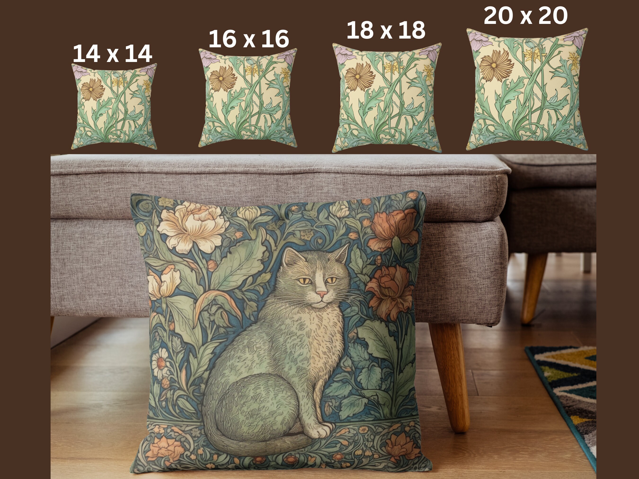 William Morris Inspired Pillow Cover, Cat in Botanicals, Cottagecore ...