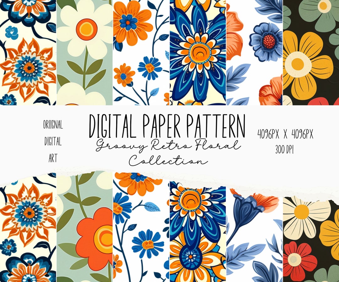 Retro Floral Digital Paper Set, Retro 70s Wildflowers Pattern, 70s ...