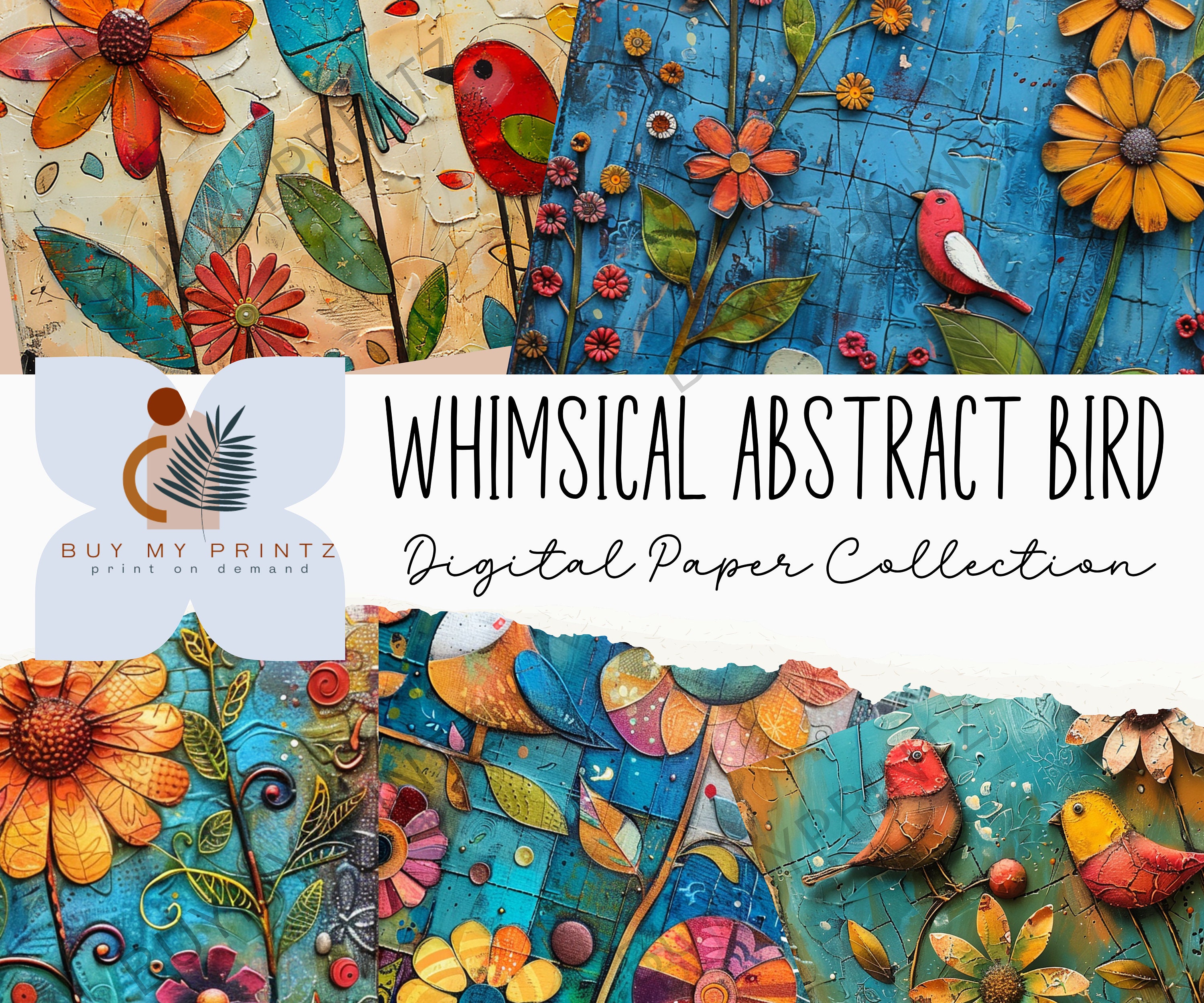 Colorful Whimsical Spring Birds Printables Mixed Media Bird Junk ...