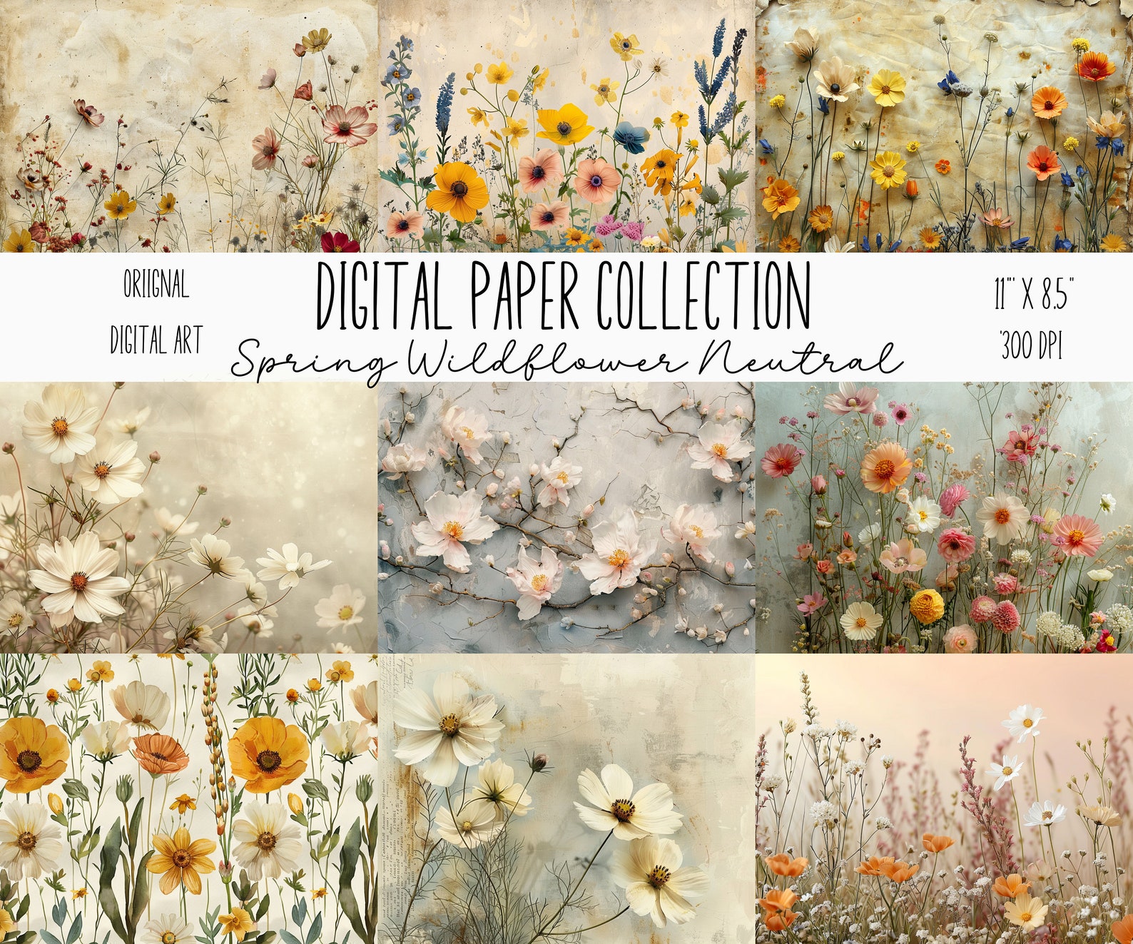 Spring Wildflower Neutral Digital Papers, 24 Spring Textured ...