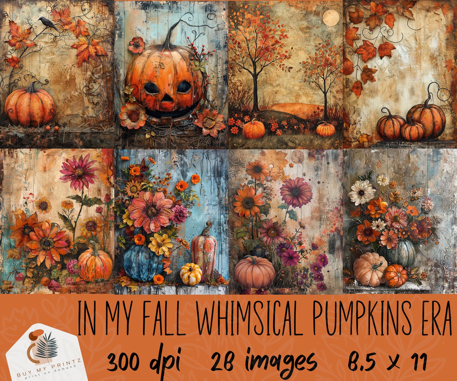 In My Fall Whimsical Pumpkins Era Sheets, 28 Mixed Media Watercolor ...
