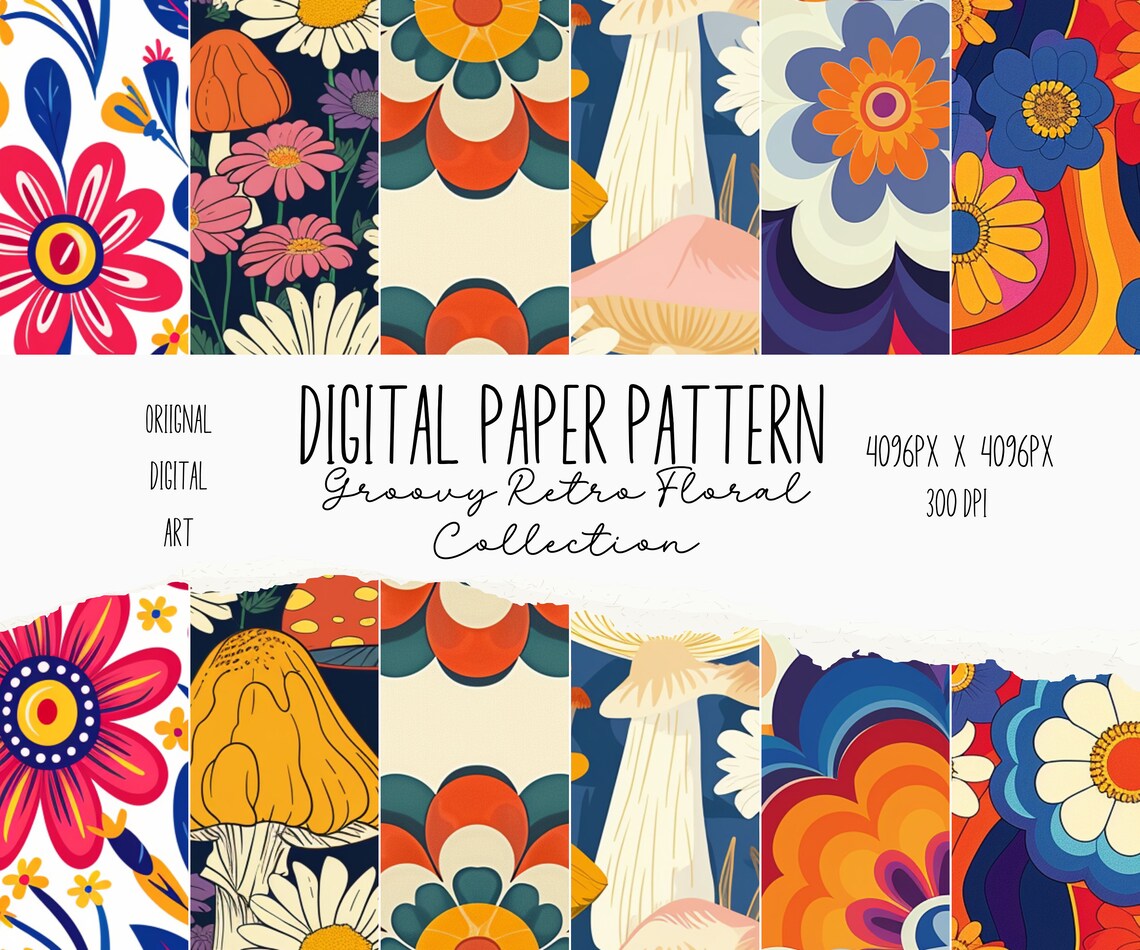 Retro Floral Digital Paper Set, Retro 70s Wildflowers Pattern, 70s ...