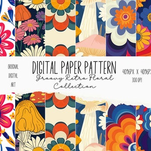 Retro Floral Digital Paper Set, Retro 70s Wildflowers Pattern, 70s ...