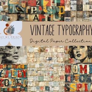 Vintage Typography Collage Papers, 10 Grunge Style PNG Printable, CU ...