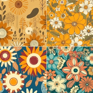 Retro Floral Digital Paper Set, Retro 70s Wildflowers Pattern, 70s ...
